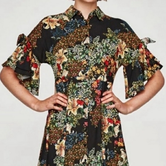 Zara | Dresses | Zara Basic Z975 Denim Tropical Print Button Down Shirt Mini Dress | Poshmark
